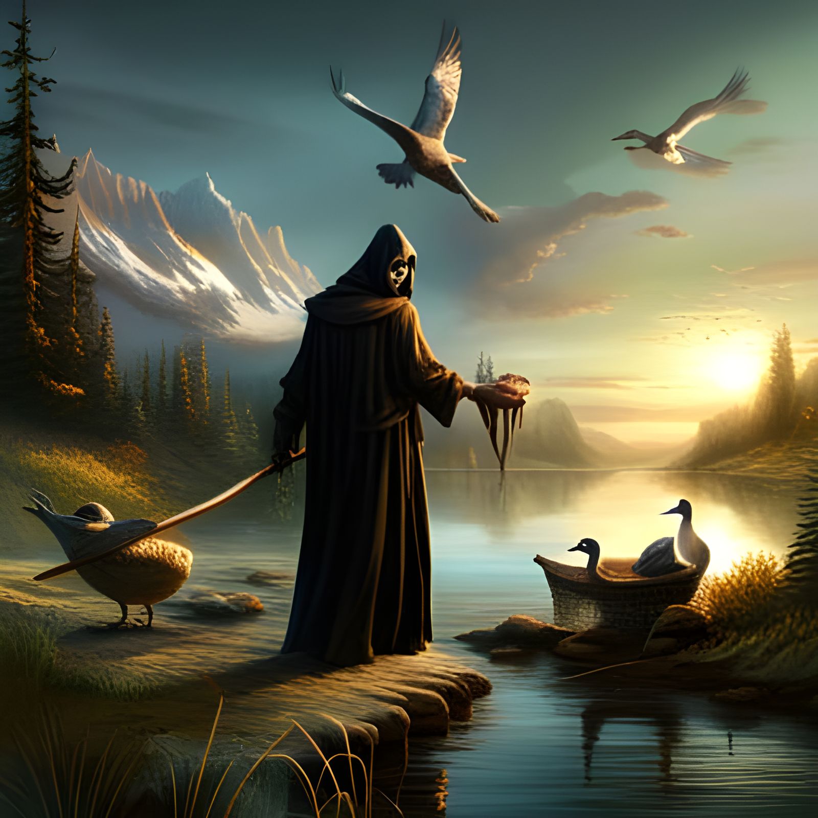 The Grim Reaper tries to feed the ducks a loaf of bread - AI Generated ...