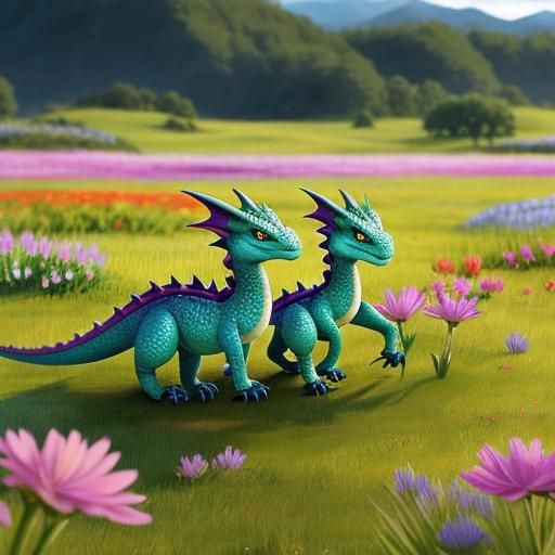 Cute baby dragons playing in a meadow. - AI Generated Artwork - NightCafe Creator