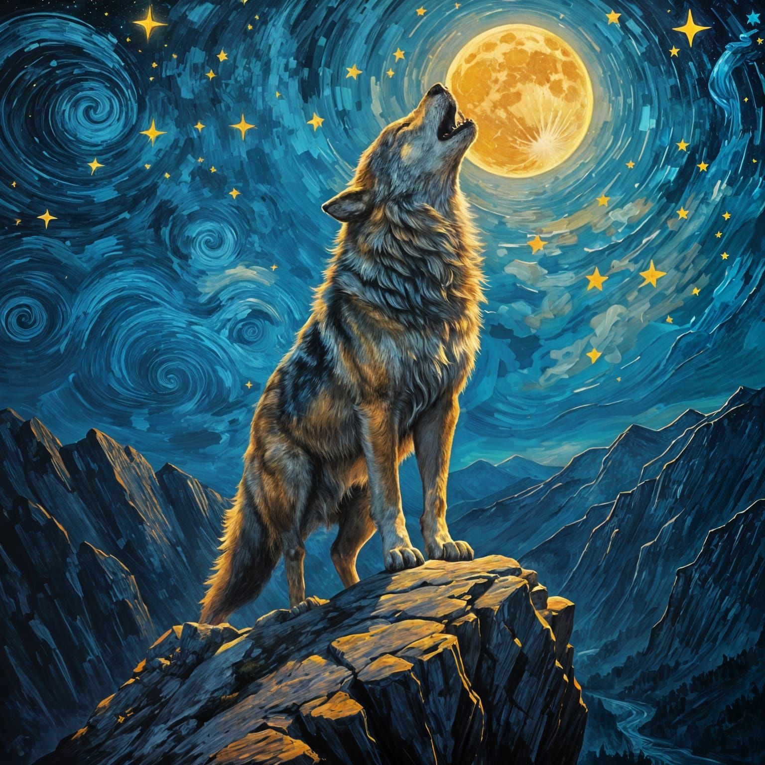 Howling Wolf - Majestic Wolf in Triadic Oil Painting