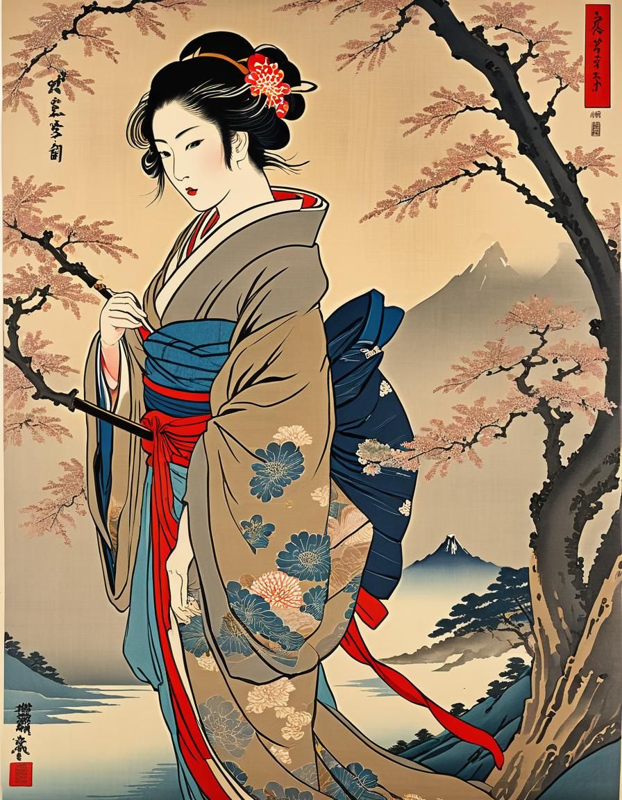 Ukiyo-e, woodblock print, beautiful woman, Hokusai, Hiroshige, - AI ...