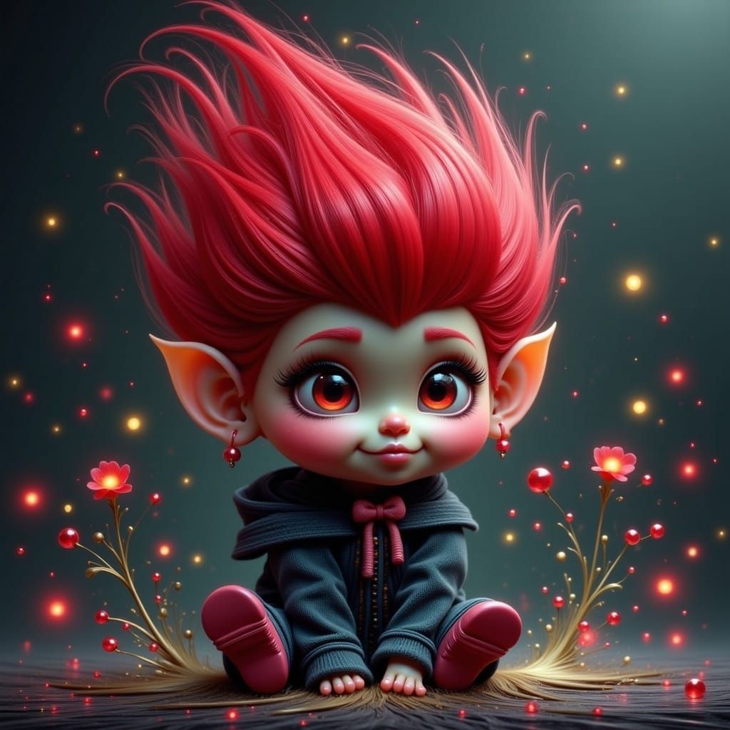 A troll with red spikyhair, Hyper super realistisk