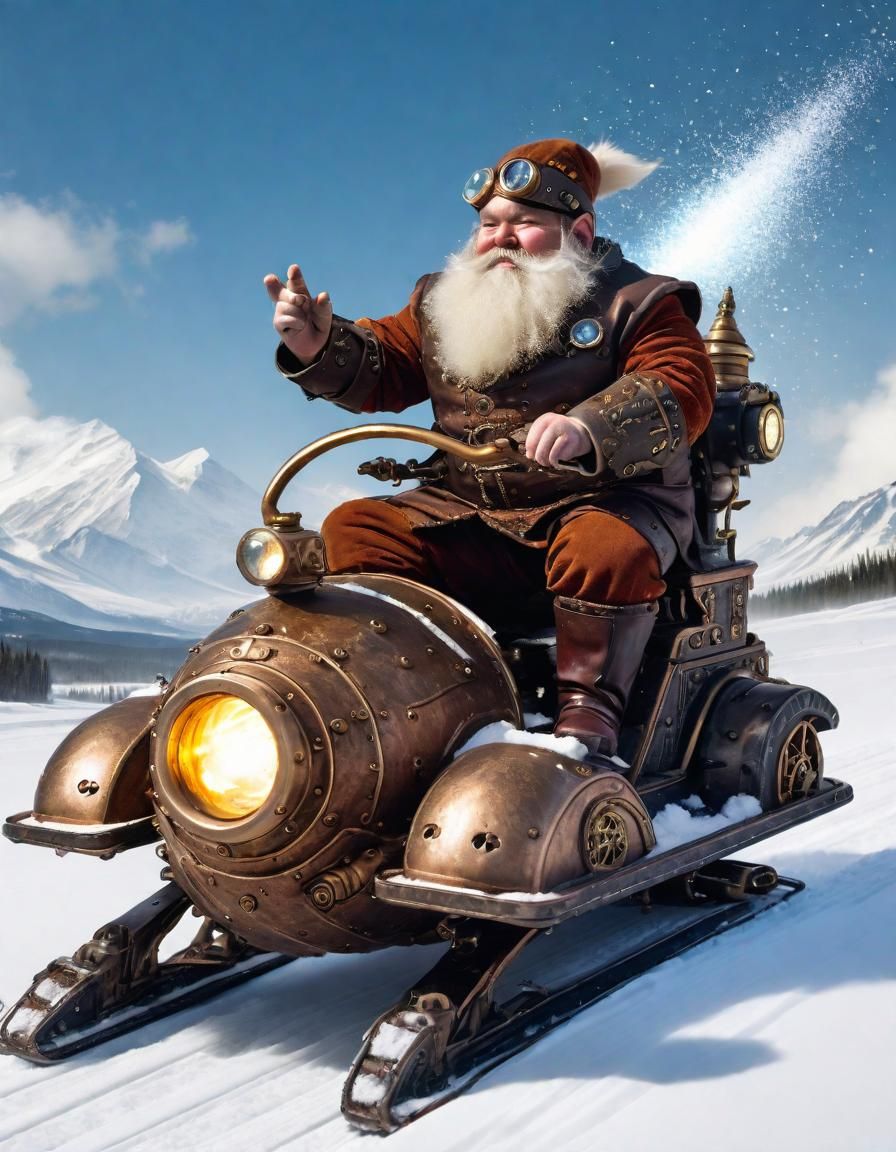 Dwarf riding on a steampunk snow mobile going across a sparking snow ...