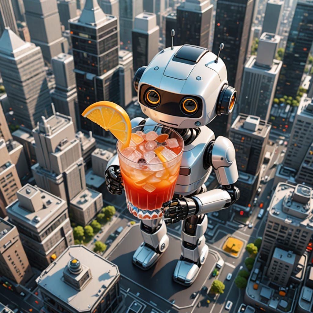 Cute Robot Enjoying Cocktail in Futuristic City - AI Art