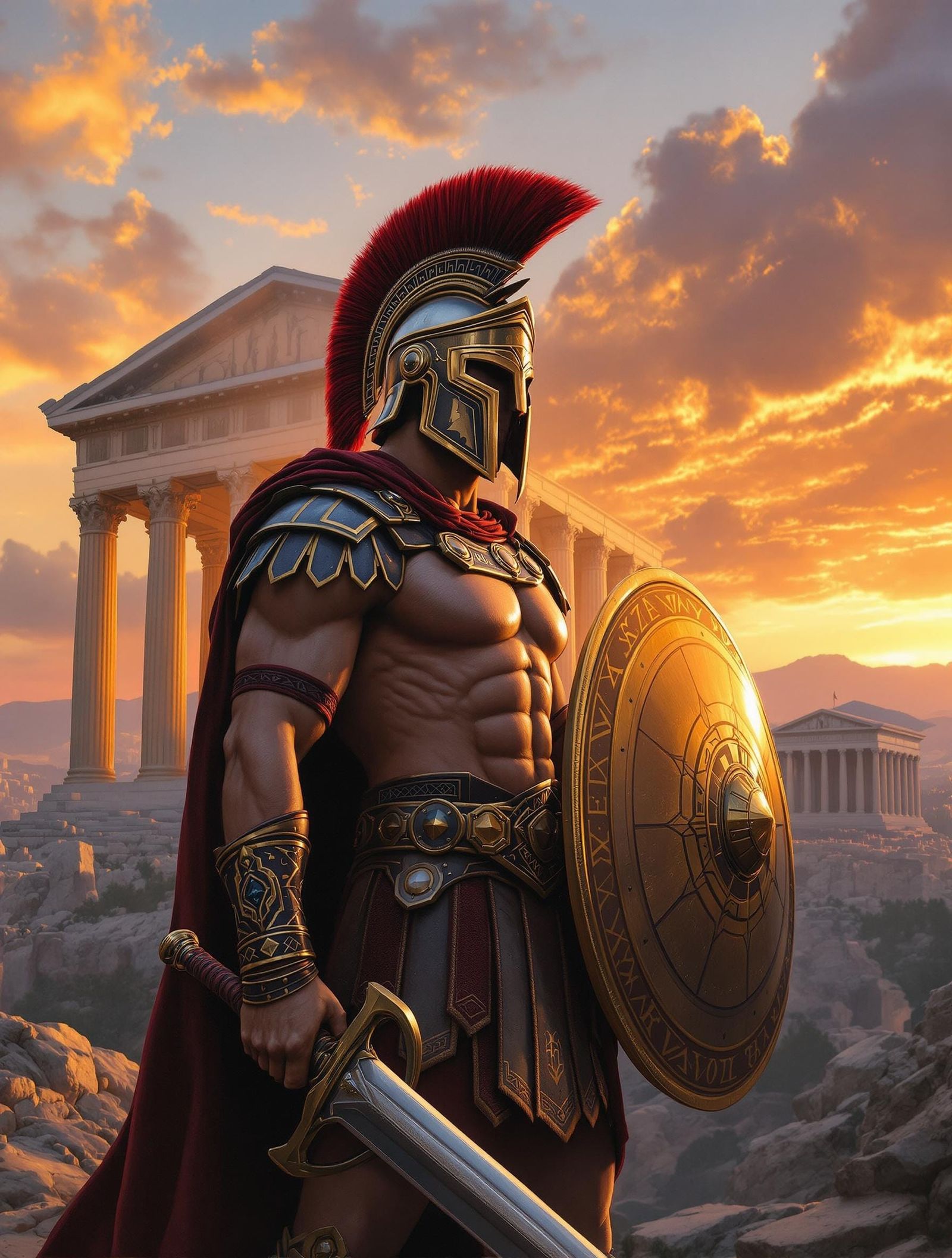Portrait Spartan warrior with the Acropolis in the background. He is ...