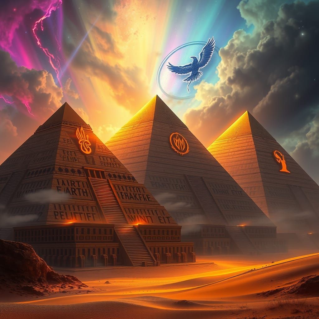 Surreal Fantasy Pyramids with Elemental Hieroglyph... - AI Art
