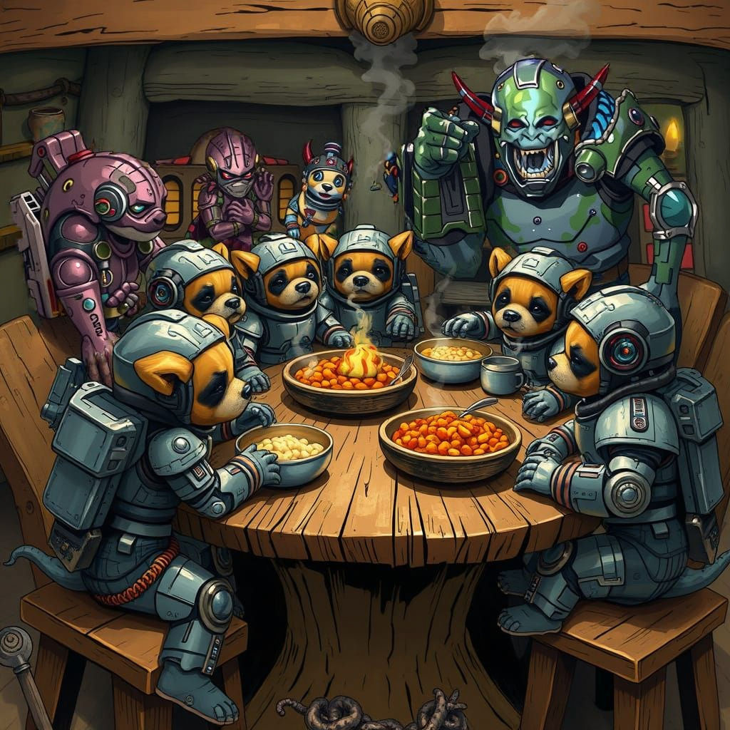 Galactic Canine Gathering in a Joyful Feast - AI Art