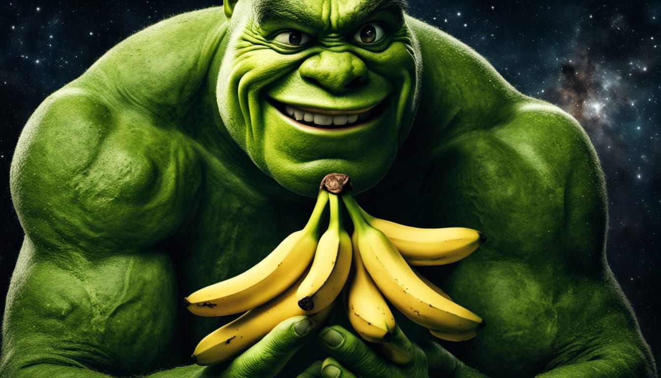 Photograph Kermit the Hulk Shrek lifting bananas, gazing up at the ...