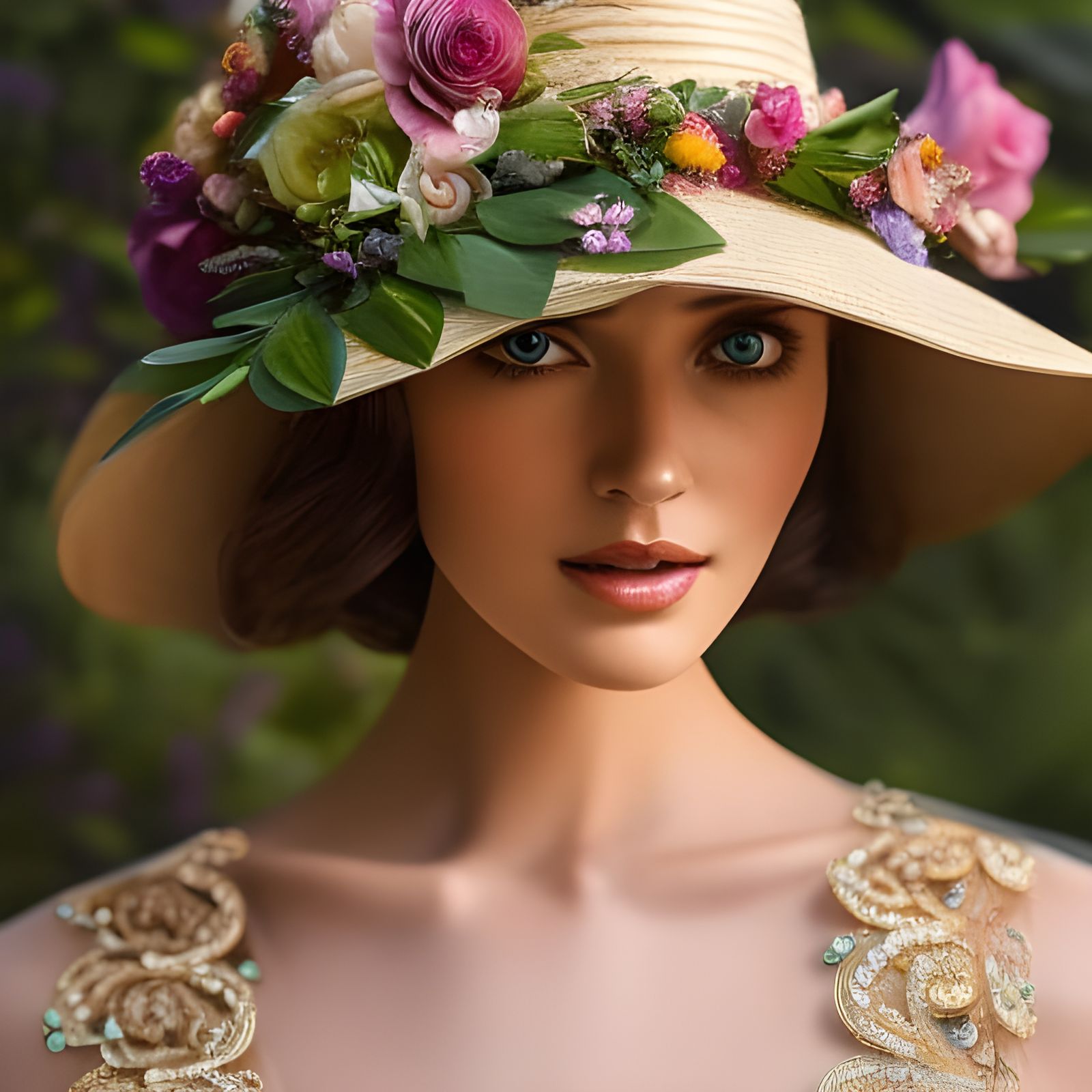 a beautiful woman with a straw hat full of flowers, a girl in a ...