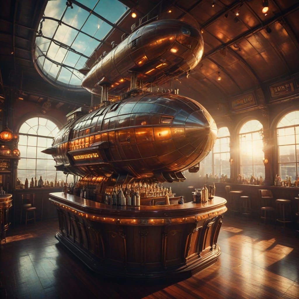 Vintage Fantasy Root Beer Bar Airship Soars Throug... - AI Art