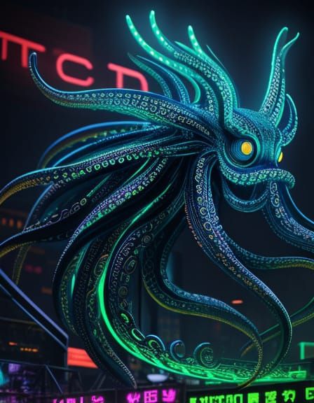Neon Octopus Metal Poster - Hyperrealistic Neon Octopus Meta...