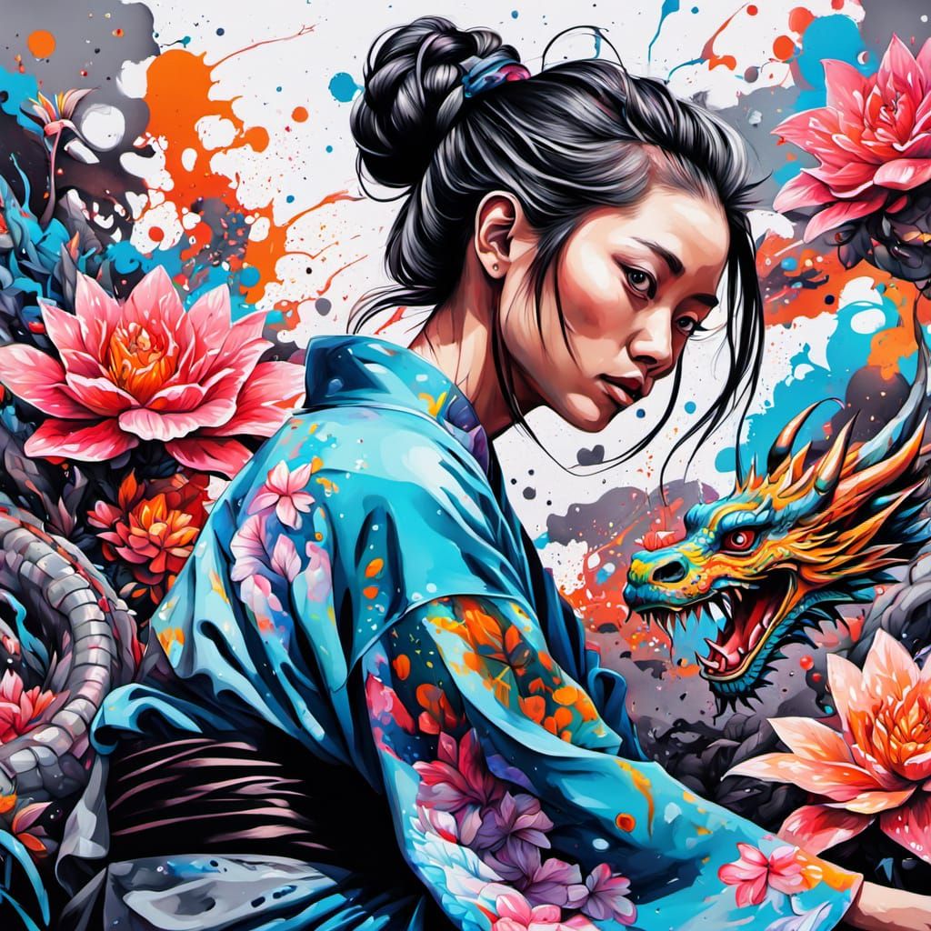 Japanese lady in a field of spring flowers