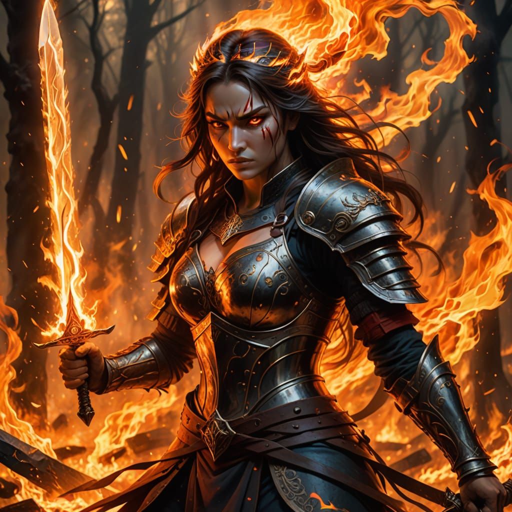Elemental Swords - Fire. - Fiery Warrior Woman Holds Blazing...