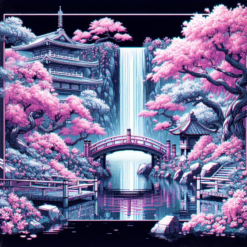 Vaporwave Aesthetic Cherry Blossom trees surrounding a gentle waterfall ...