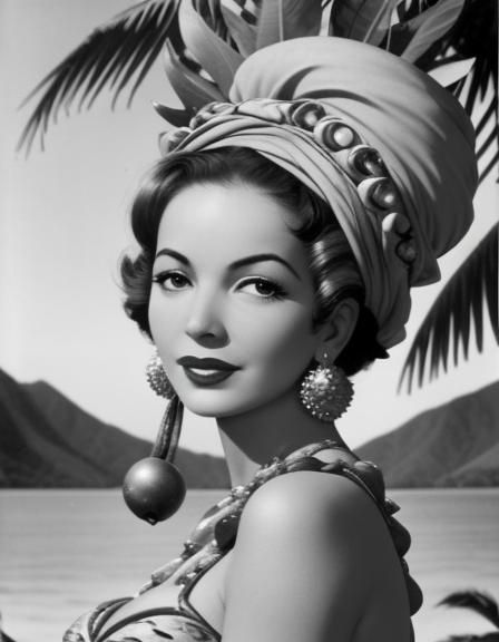 Carmen Miranda with her fruit turban on a Island Oasis. Chica chica ...