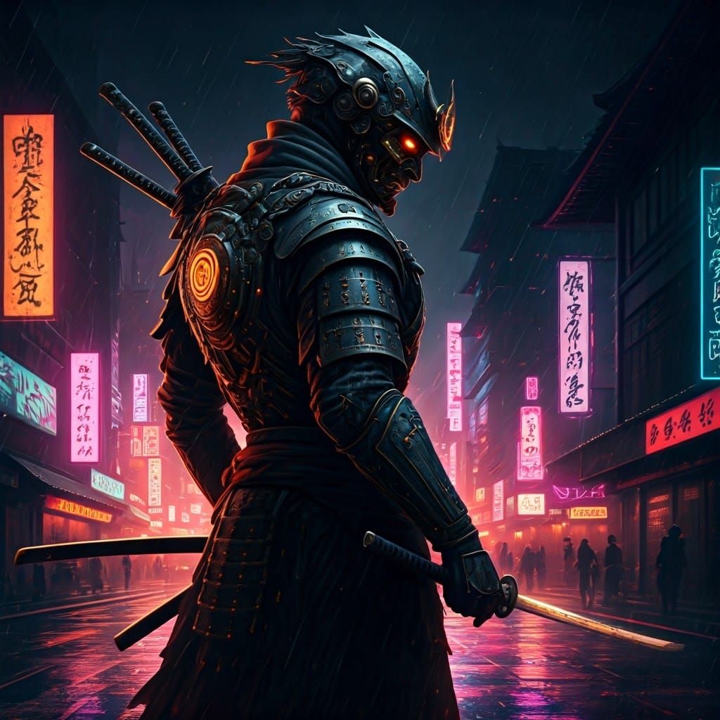 Cyberpunk Samurai Warrior in Neon Cityscape - AI Art