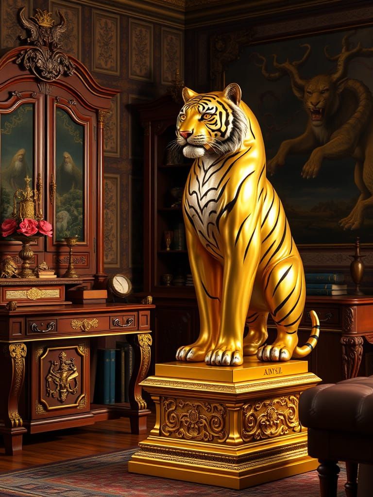 Tiger statue - Regal Golden Tiger Statue in a Vintage Living...