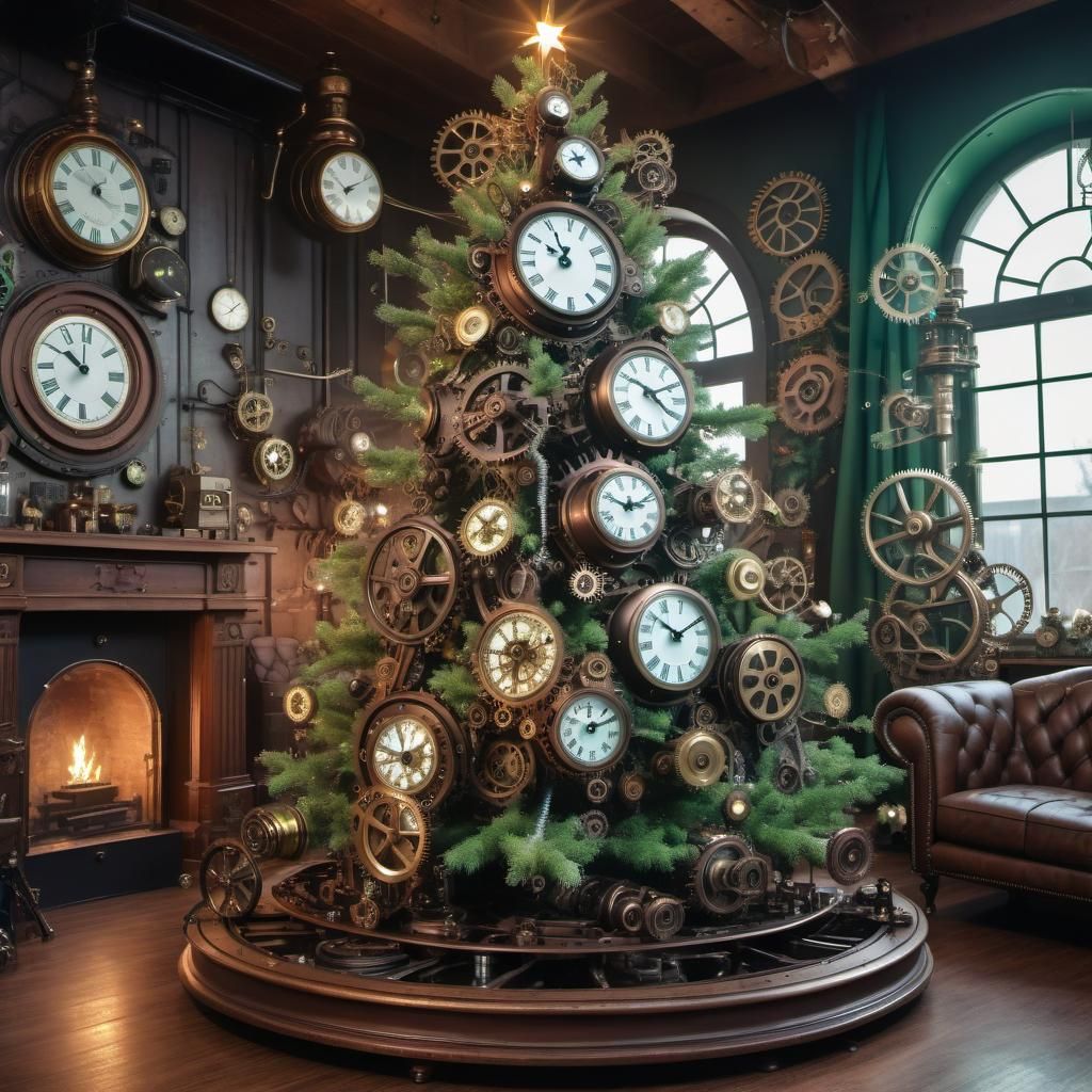 (Steampunk christmas tree:1.2). Green tree. Gears, clocks and Springs ...