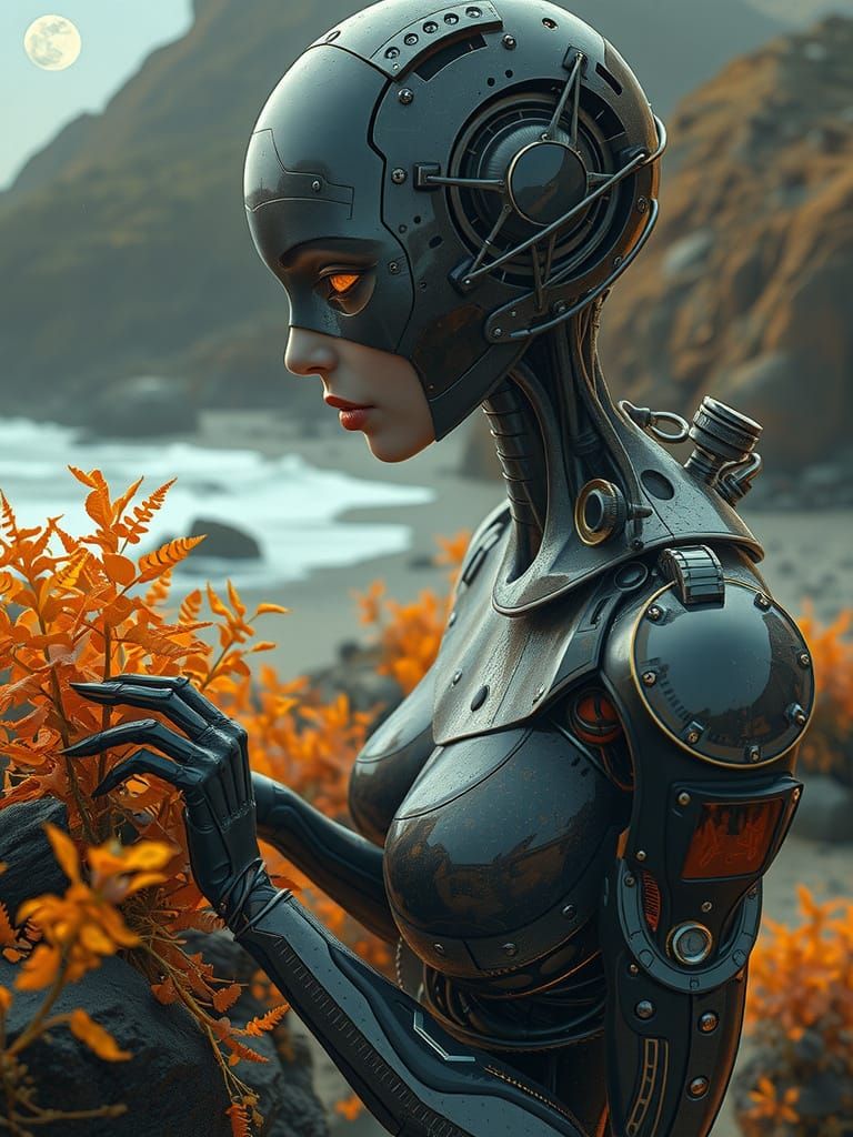 A hauntingly beautiful, android female figure, with intricate ...