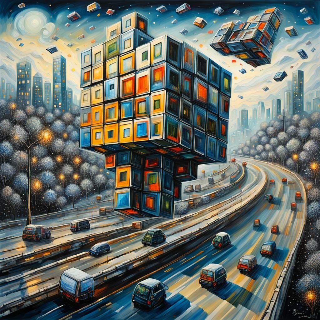 Falling cubes - Surreal Cubist Fantasy in Winter Style