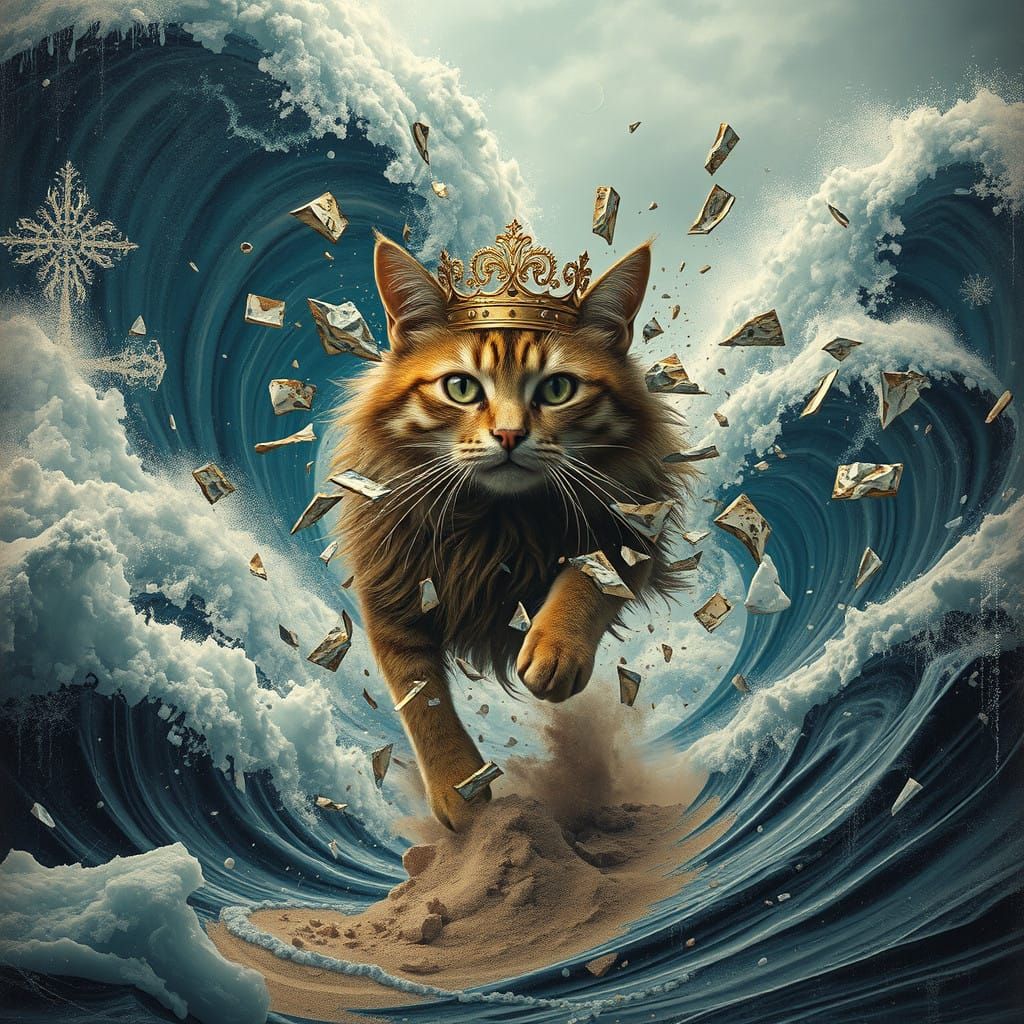 Regal Cat in Apocalyptic Ruin, Fragmented Crown - AI Art