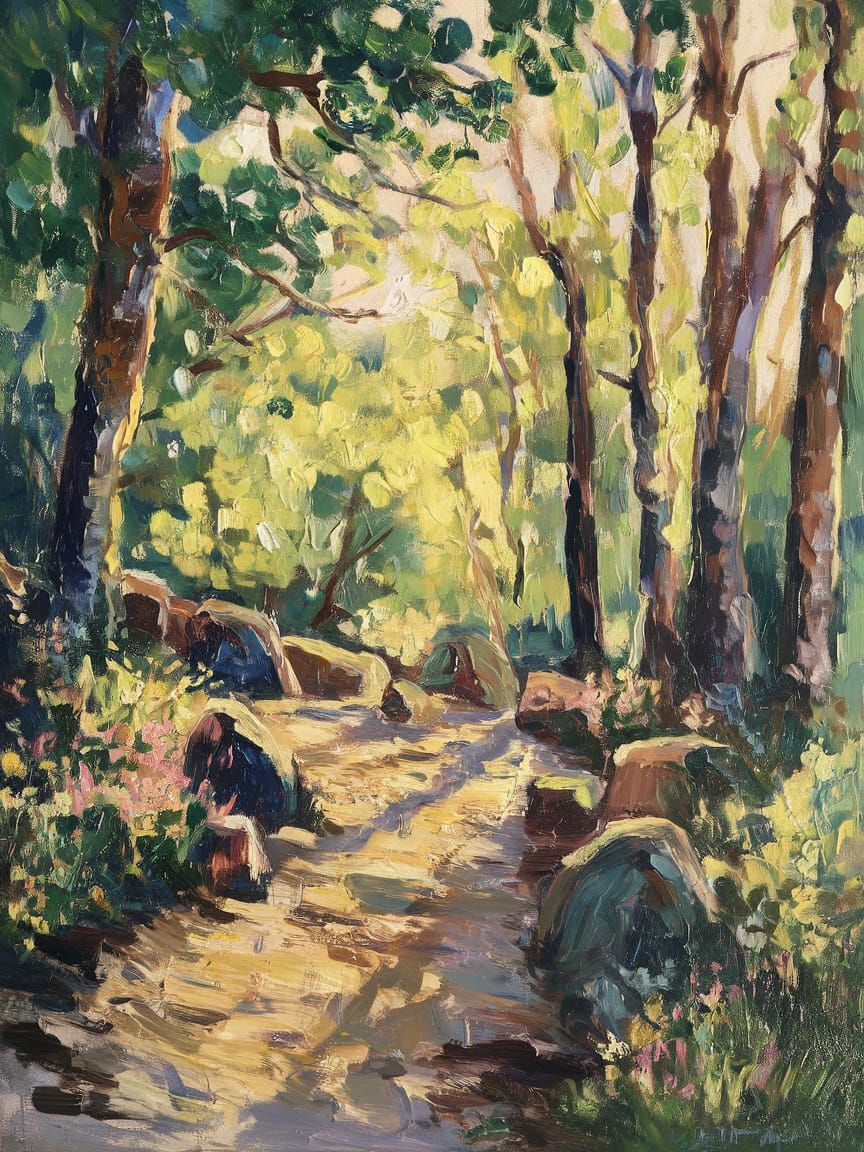 Forest - Impressionist Forest Scene in Vibrant Greens and G...