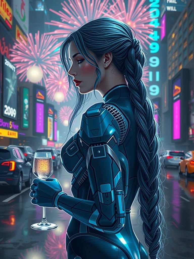 Cyberpunk Goddess with Iridescent Hair Toasts 2049... - AI Art