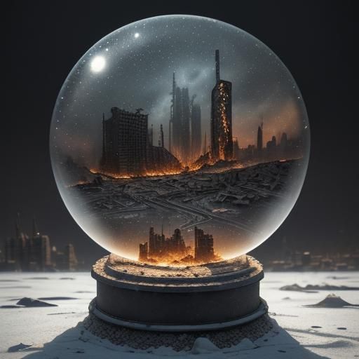 a broken and shattered snow globe that shows post apocalyptic nuclear ...