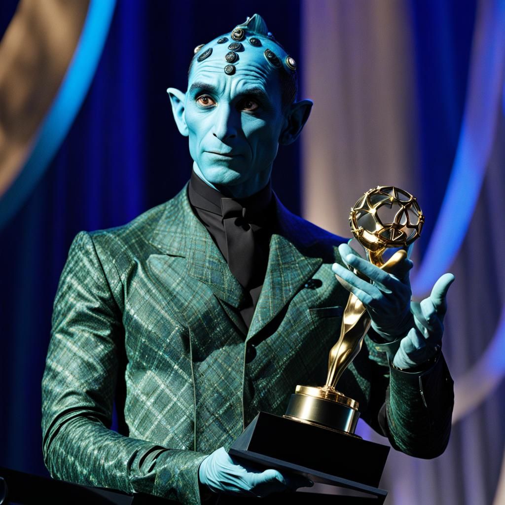 Photograph of Abe Sapien on stage accepting award for best actor. Gills ...