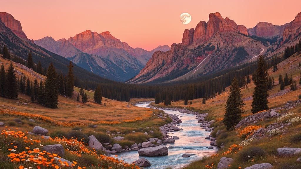 Peaceful Mountain Valley Landscape at Sunset - AI Art