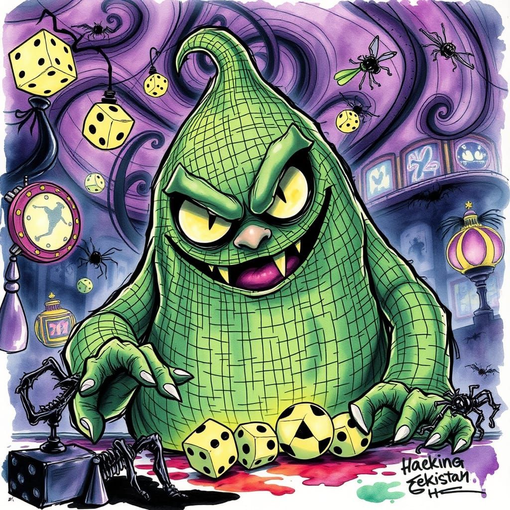 Whimsical Oogie Boogie in Eerie Watercolor and Ink - AI Art