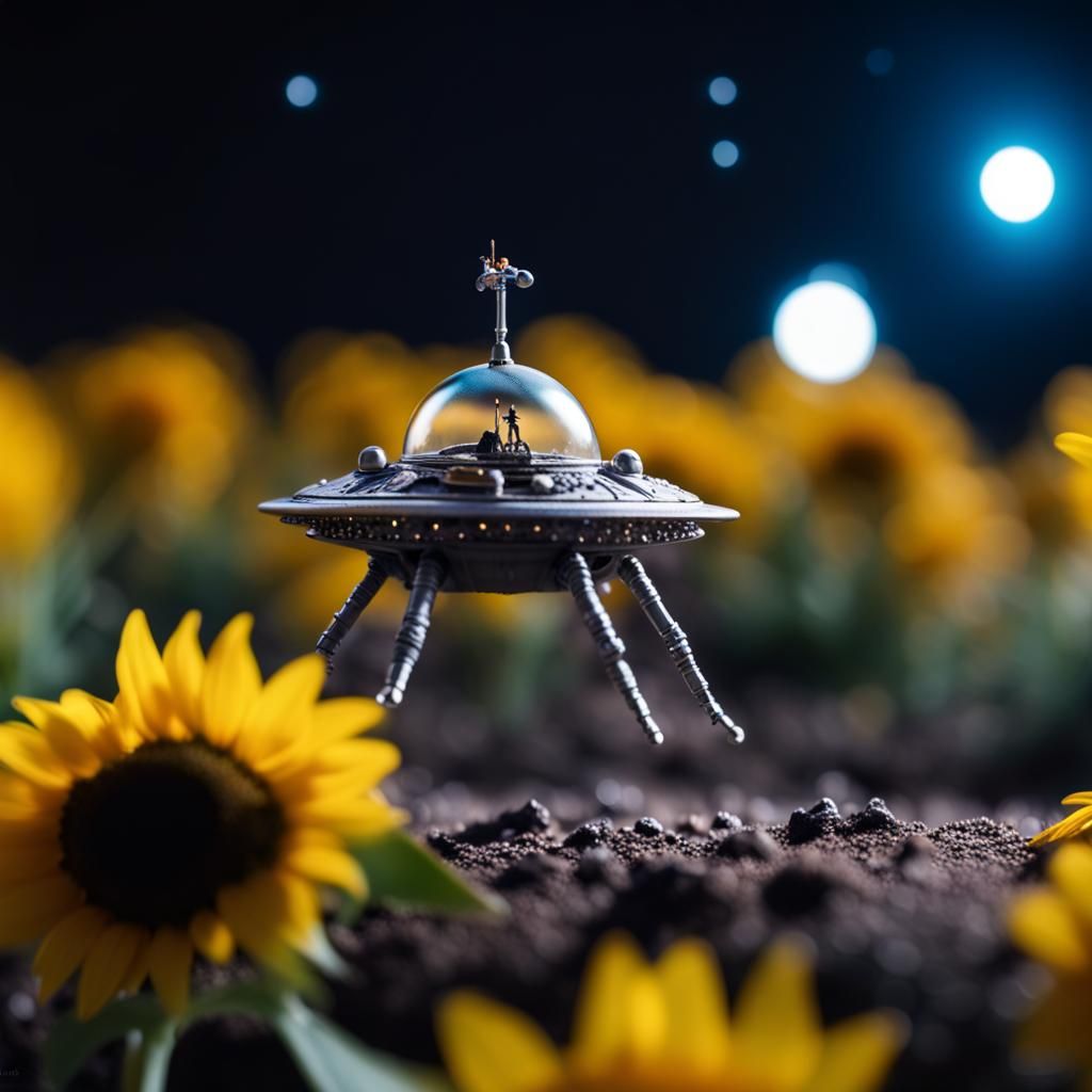Photograph, Macro, small tiny miniature alien spaceship with alien in ...