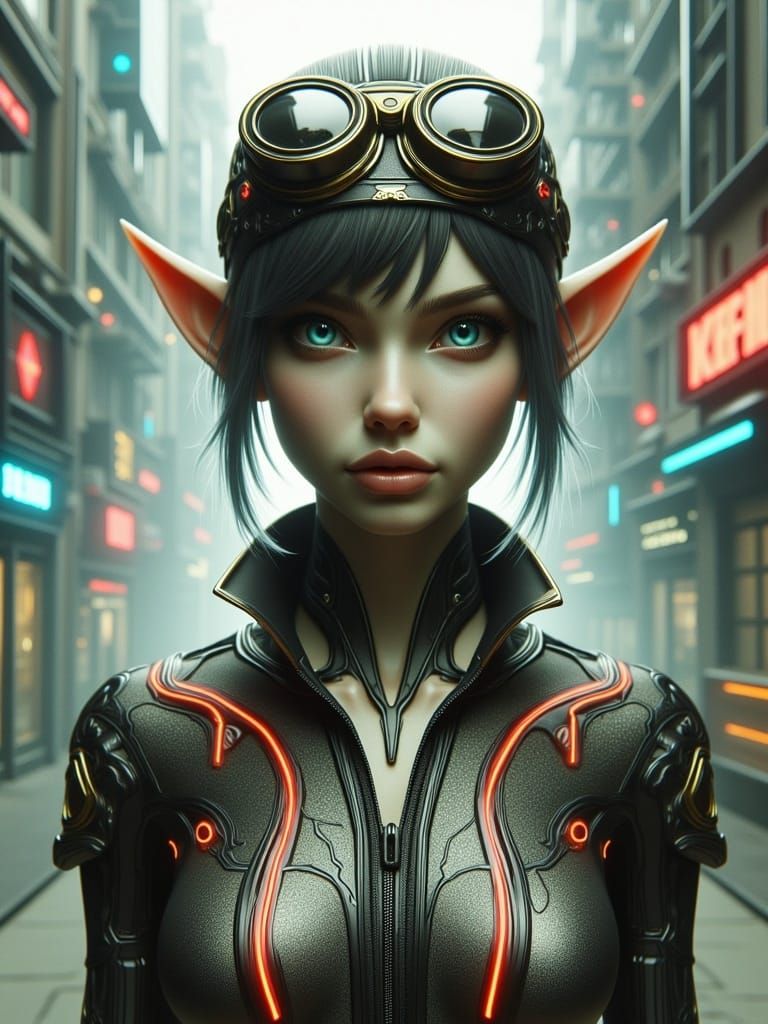 Shoulder portrait of a 1950s style female elf in Cyberpunk jacket and ...