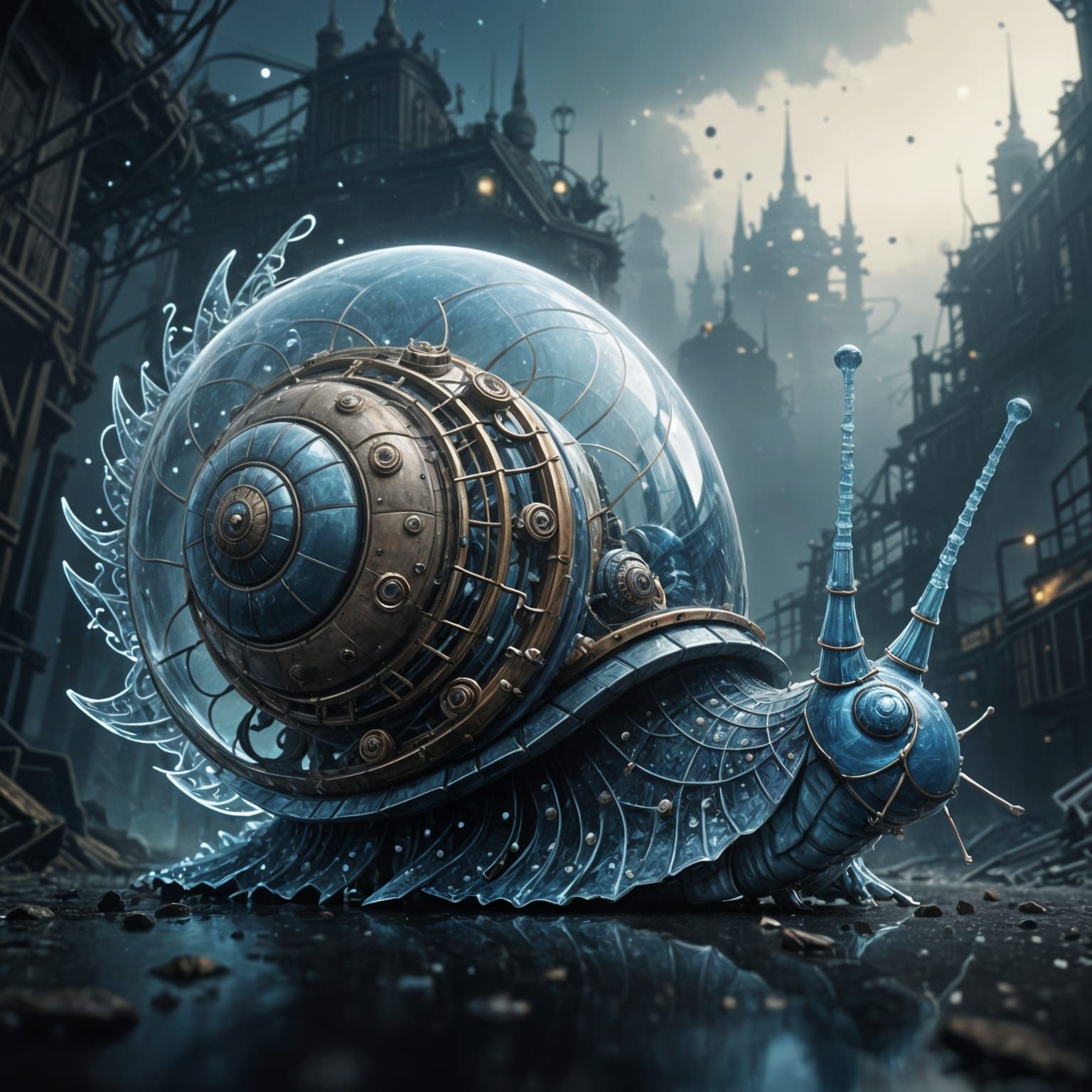 Steampunk Snail in a Futuristic Cityscape.