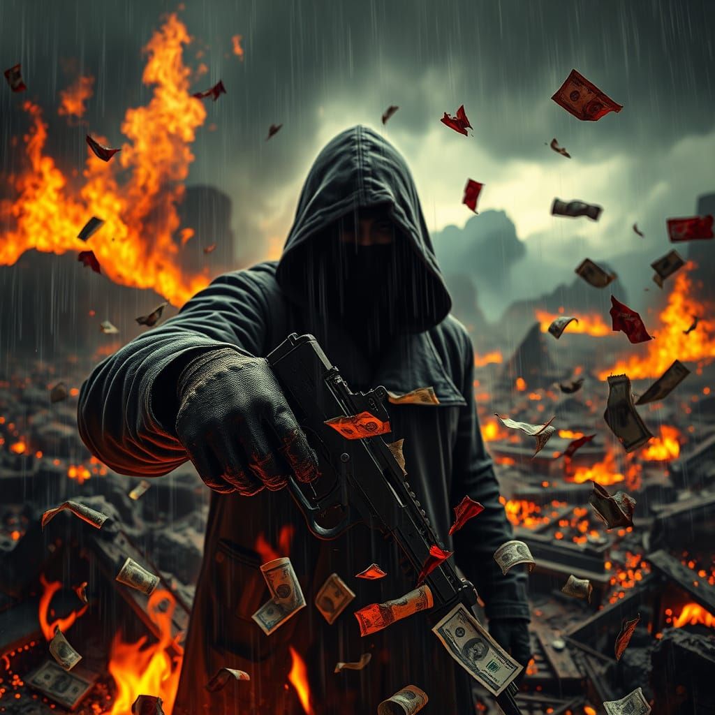 Burning Earth in Turmoil, Mysterious Figure Lurks ... - AI Art