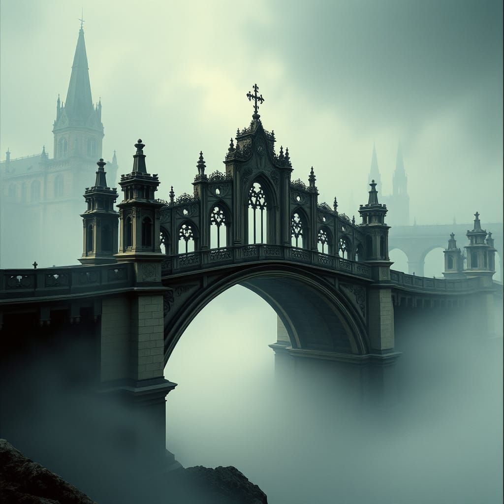 Gothic Bridge Amidst Ancient City Ruins in Etherea... - AI Art