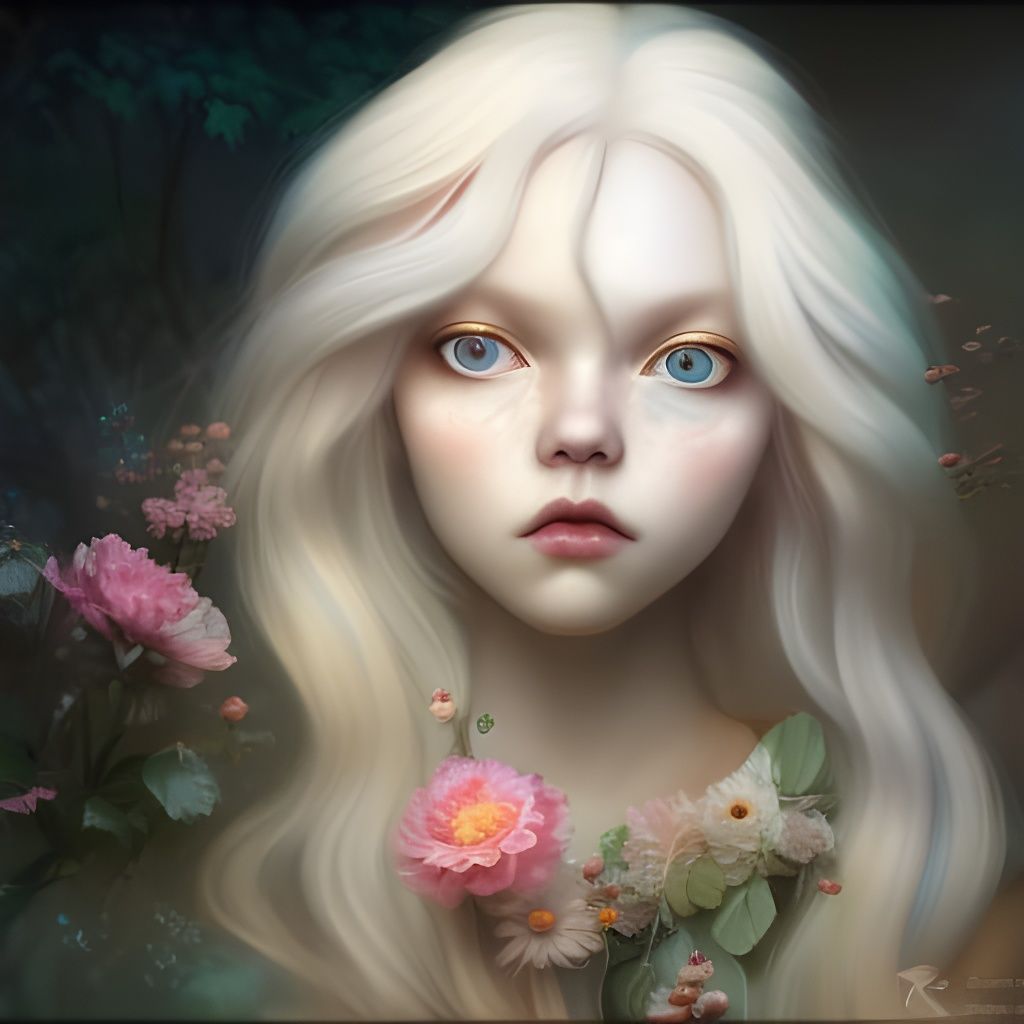 albino ethereal girl, big doe eyes, full lips, long white hair, lush ...
