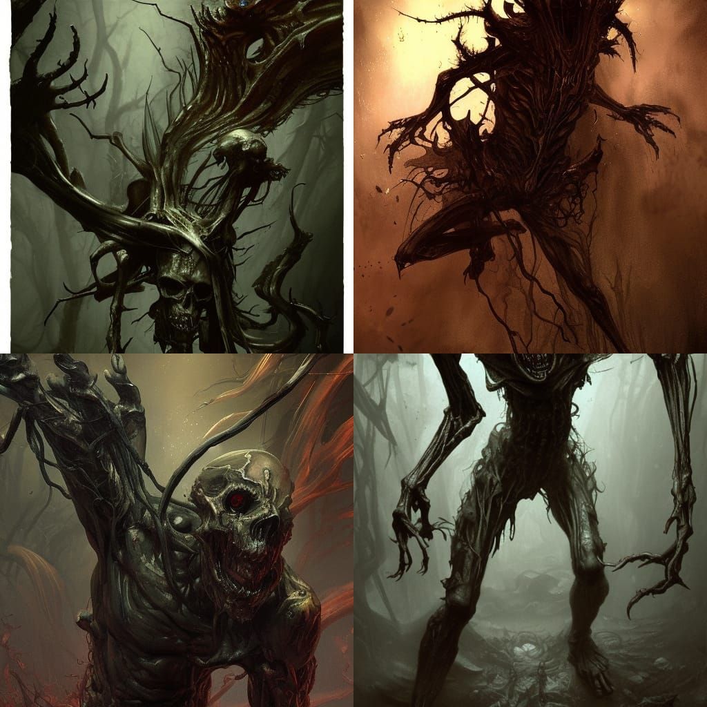 Skeletal figure crawling on multiple limbs, inky, tar, eldritch, horror ...