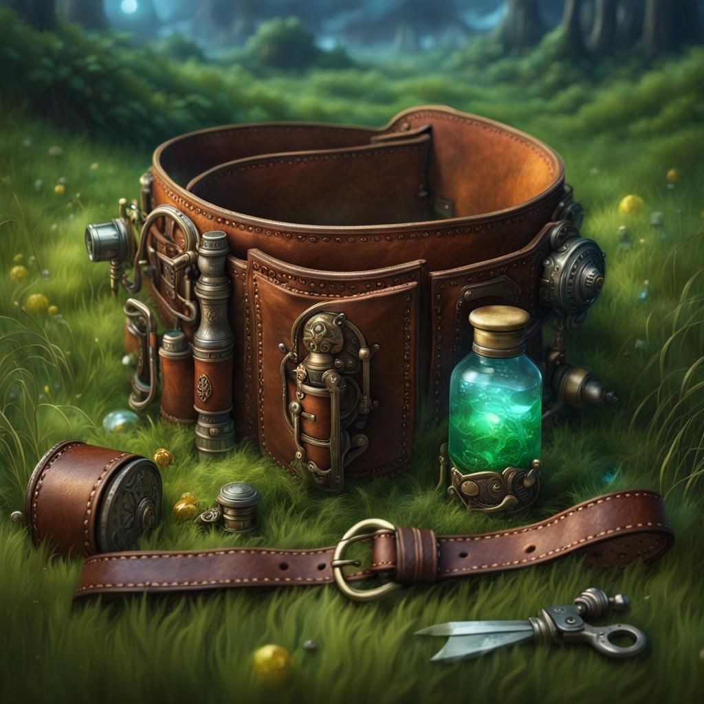 Belt. Made of brown leather. Full of tools, trinkets and potions ...