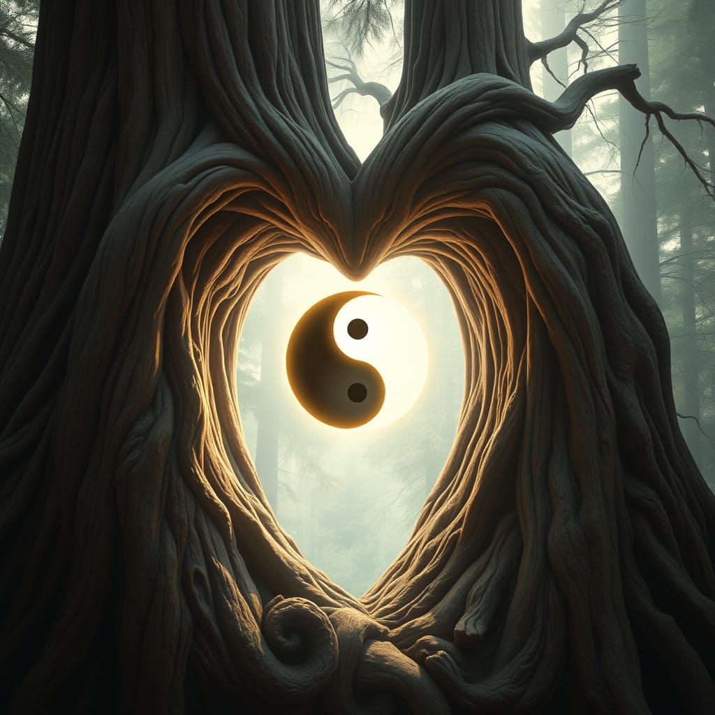 Serene Yin-Yang Symbol Glows Within a Majestic Hea... - AI Art