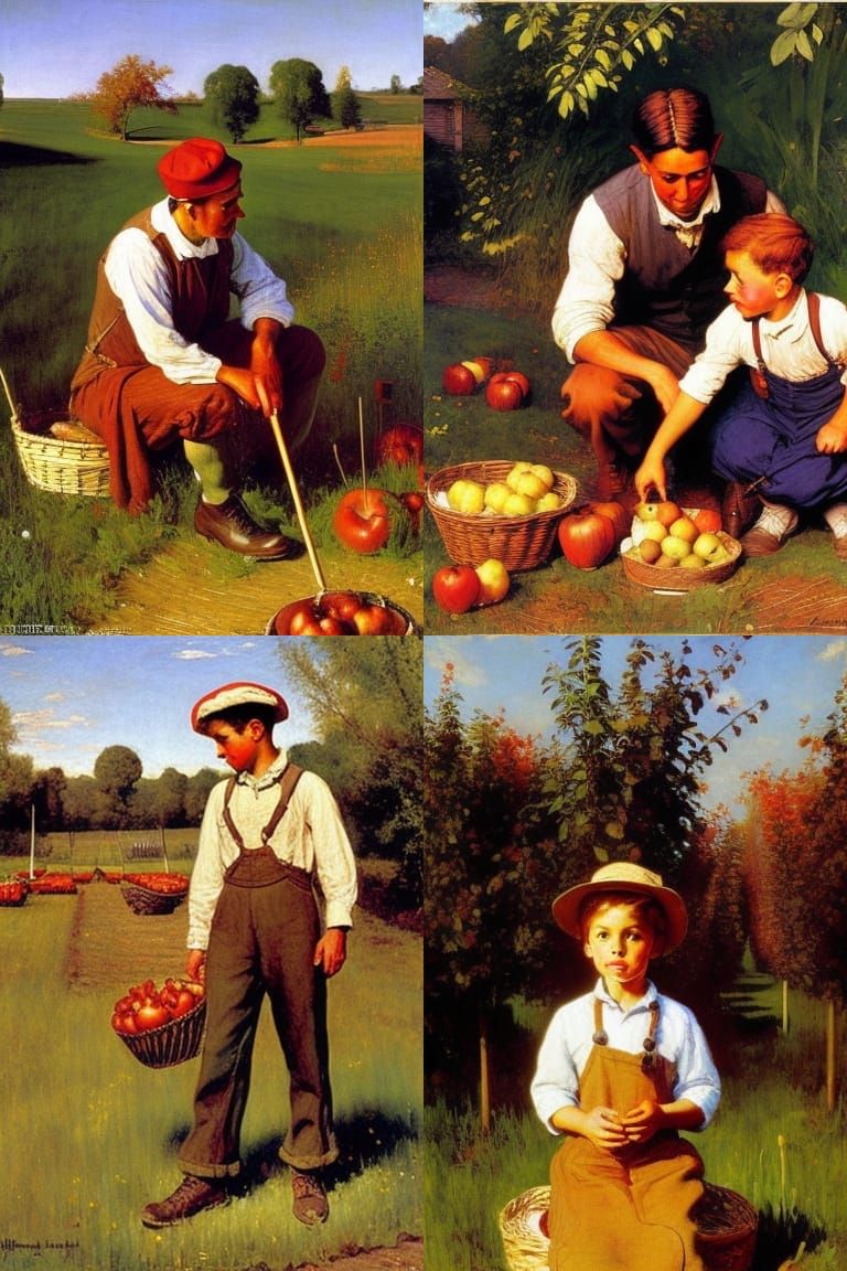 Johnny Appleseed planting seeds alone in an apple orchard. Sunny day, a ...