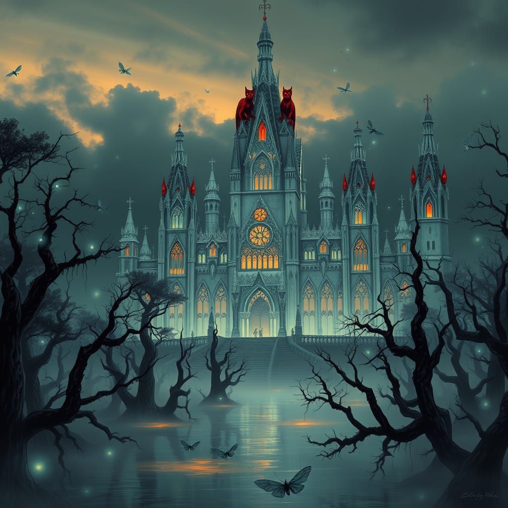 Crystal Palace in a Haunting Ethereal Swamp with R... - AI Art