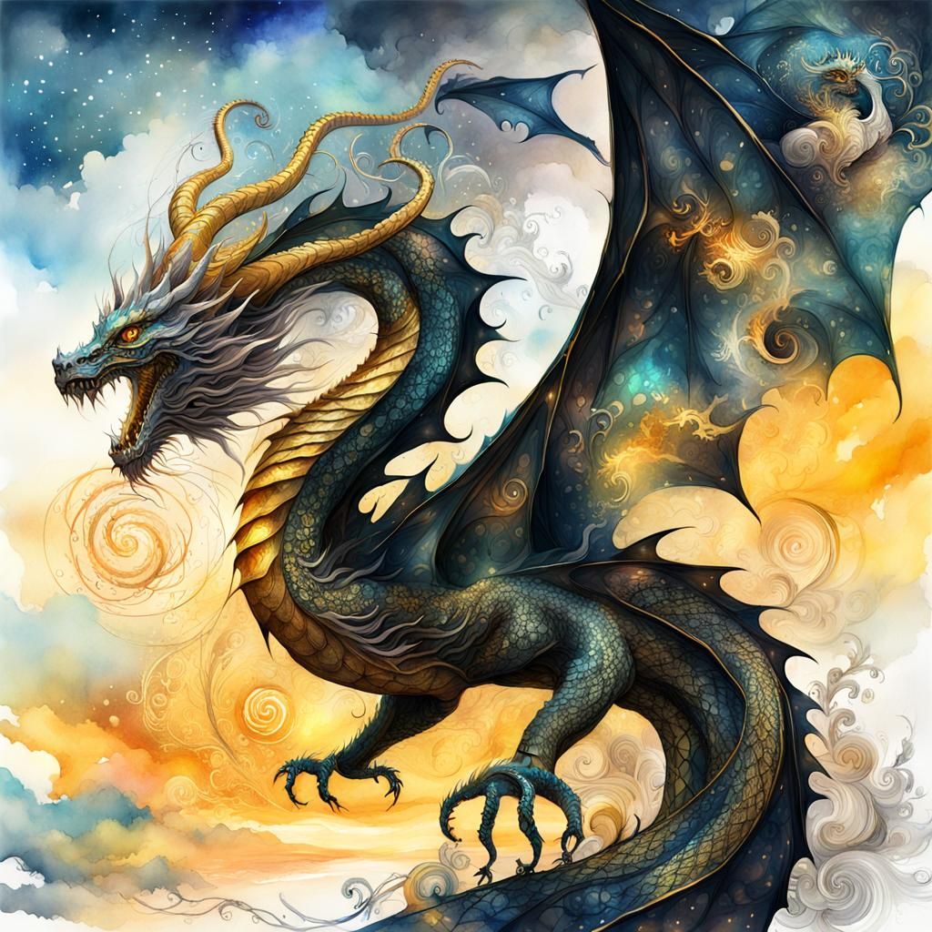 Spiraling Double the highly detailed black and golden dragon soaring ...