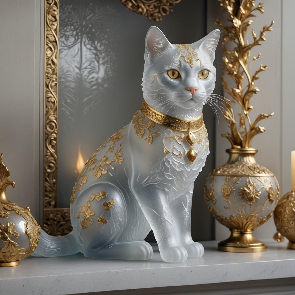 a stunning frosted glass cat with gold intricate details sitting on top ...