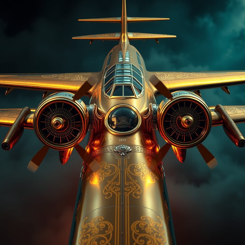 Vintage Steam-Punk Jet Airliner with Brass Jet Eng... - AI Art