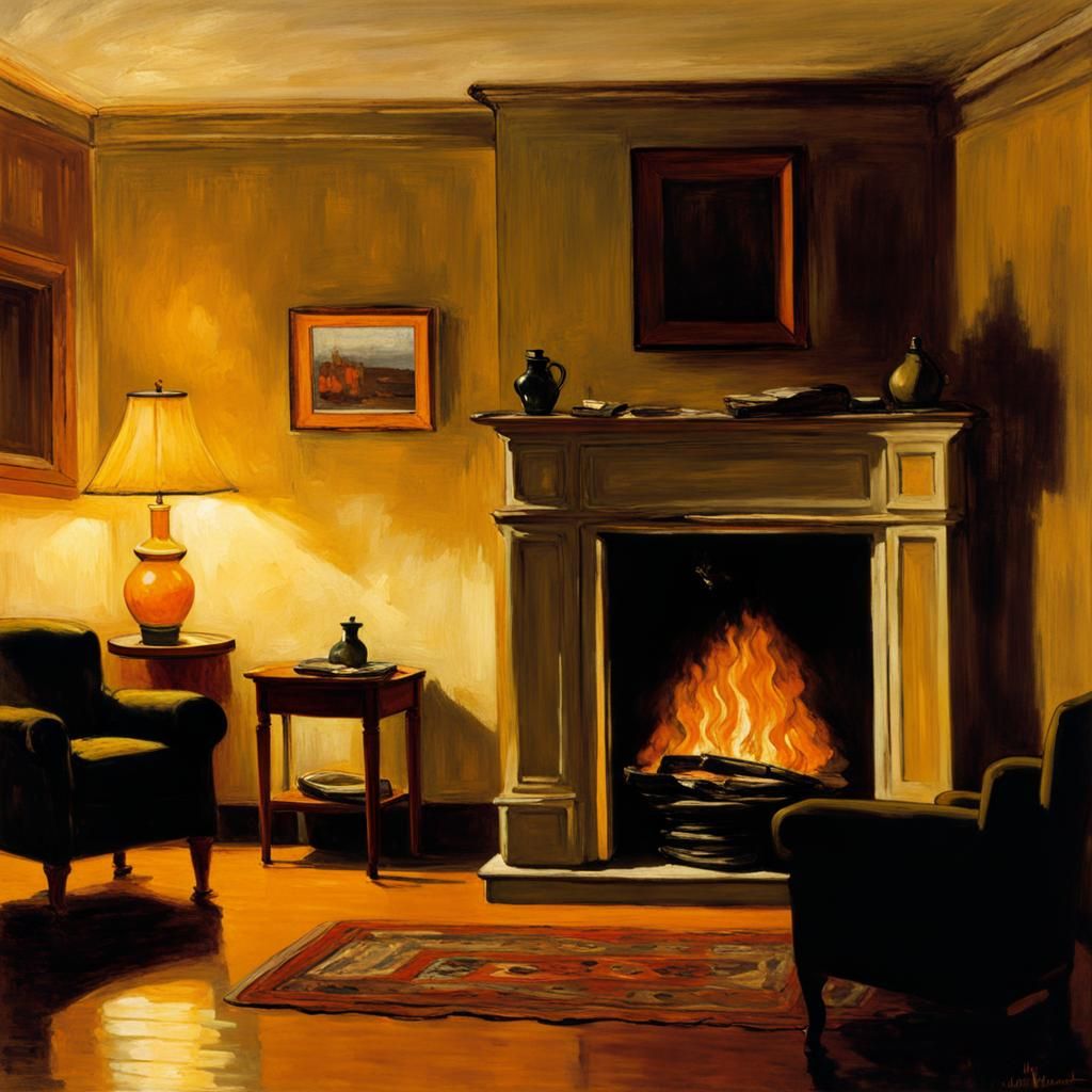 16k resolution, art by Claude Monet, Edward Hopper. Fireplace scene ...