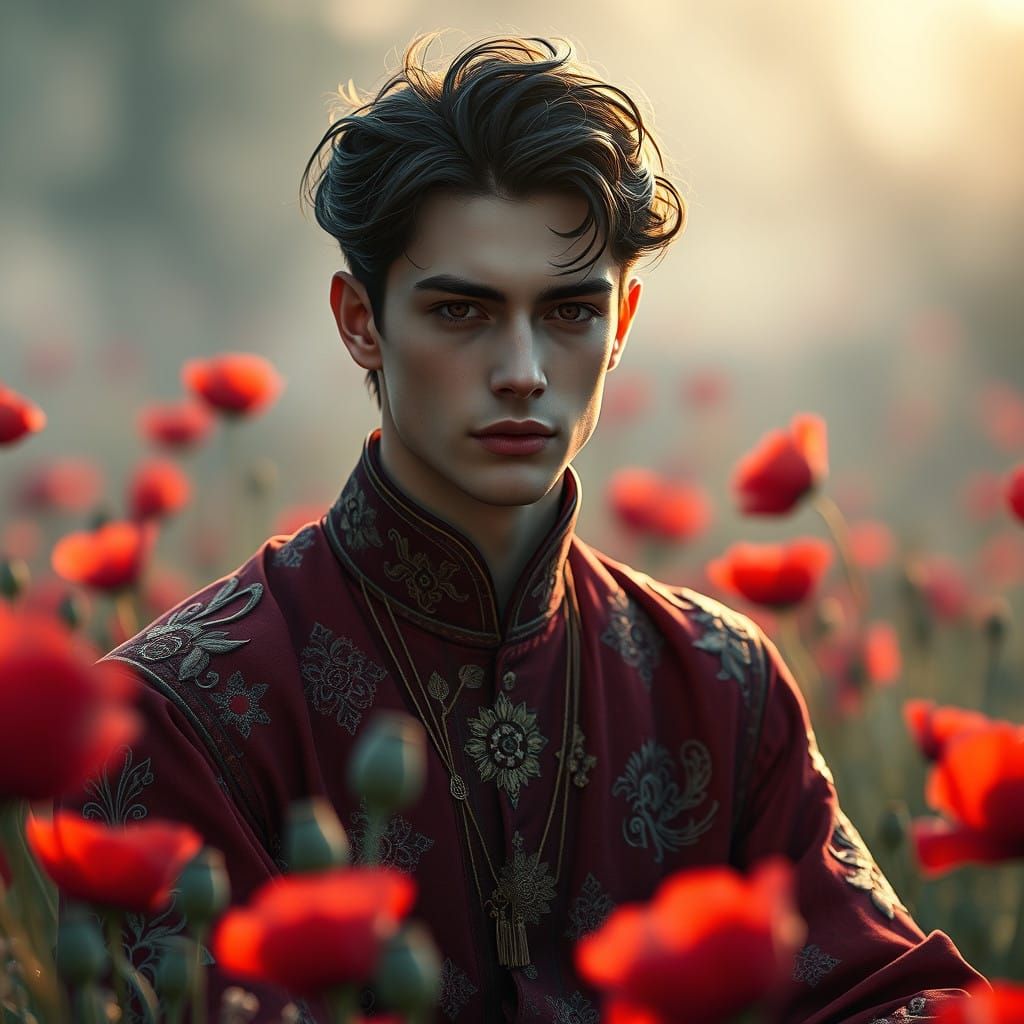 Ethereal Prince Amidst Velvet Poppies - AI Art