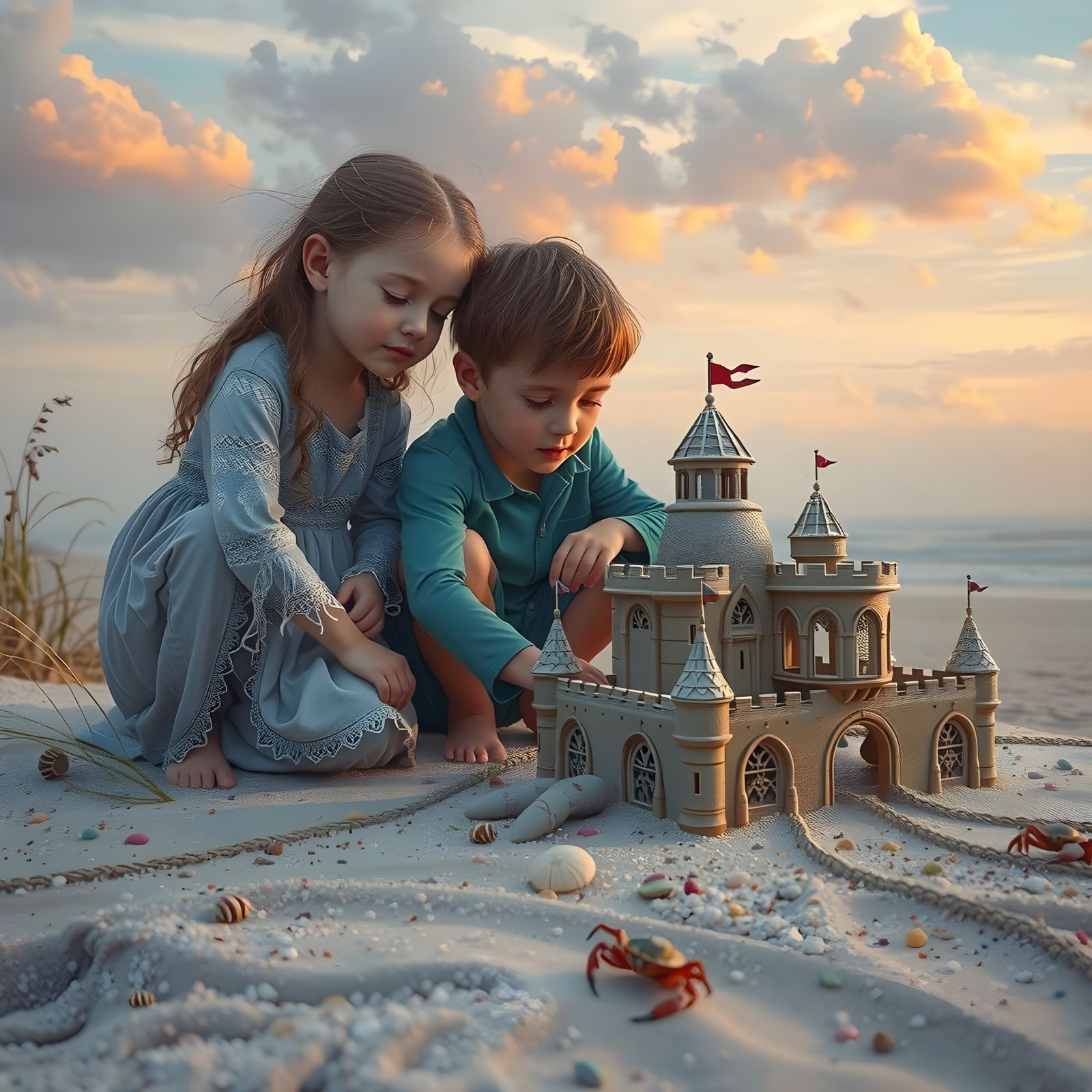 Building Castles - Whimsical Sand Castle Scene in Dreamy Bea...