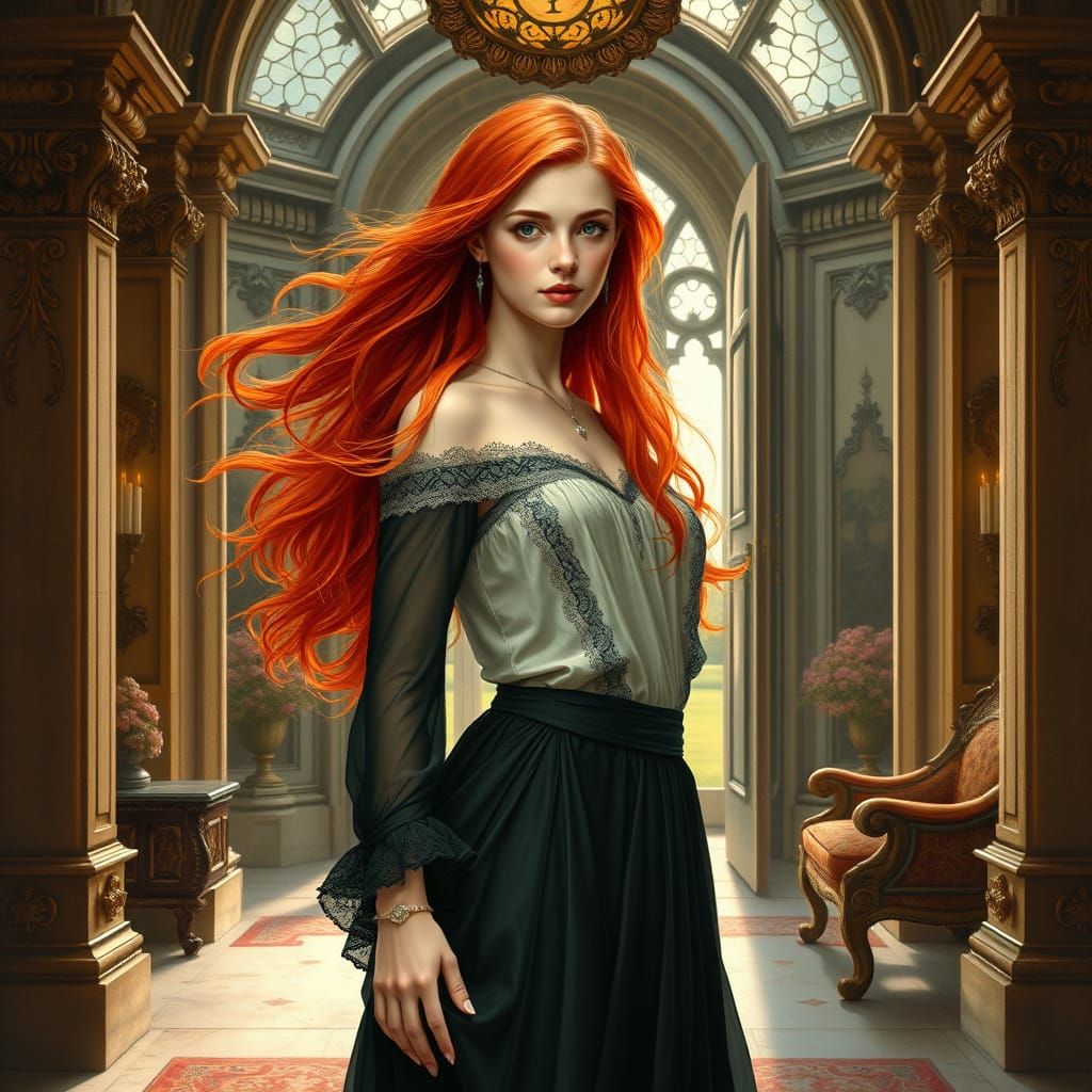 Saccara - Elegant Red-Haired Lady in Pre-Raphaelite Mansion