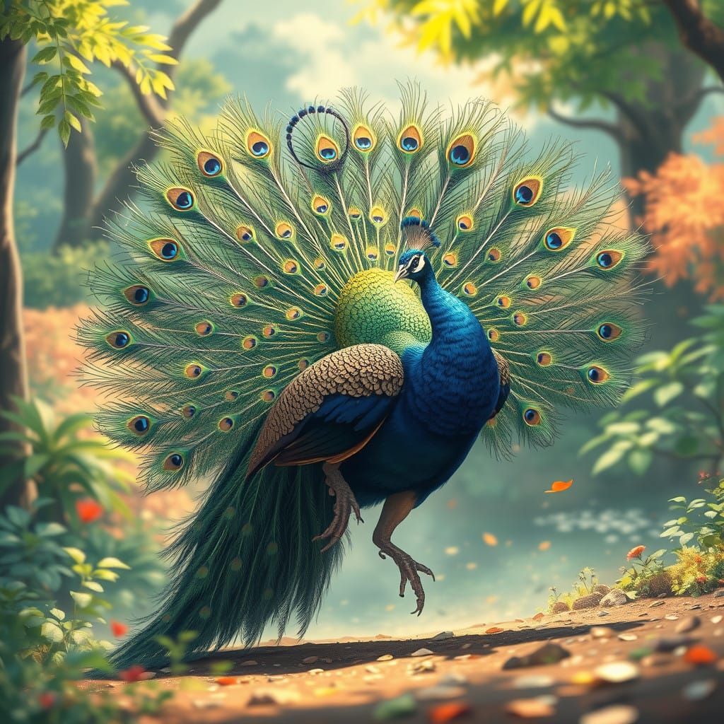 Flirting Peacock - Majestic Peacock in Vibrant Japanese Fore...