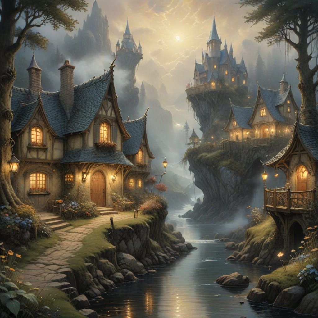 Fantasy Gathering around a Warm Fire in a Whimsica... - AI Art